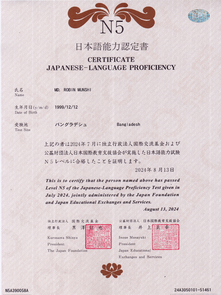 Robin JLPT Certificate | PDF