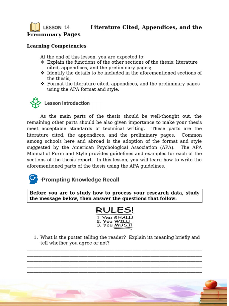 Lesson 14 Literature Cited Appendices and The Preliminary Pages | PDF | Apa Style | Citation