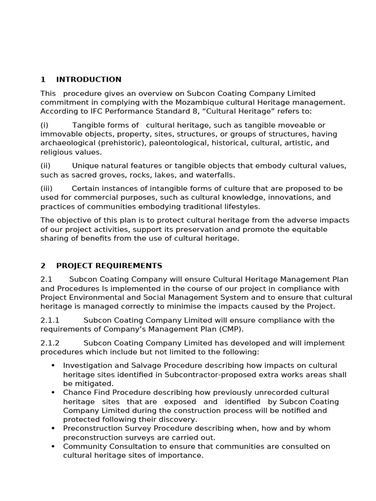 Cultural Heritage Management Plan | PDF | Cultural Heritage | Archaeology