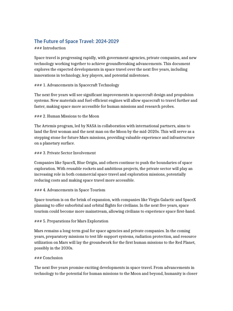 Future of Space Travel 2024 2029 | PDF
