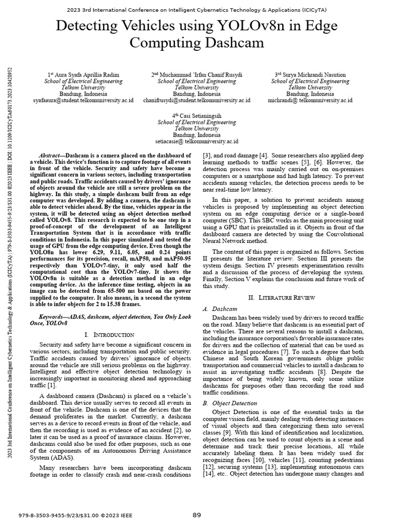 Detecting Vehicles Using YOLOv8n in Edge Computing Dashcam | PDF | Traffic | Deep Learning