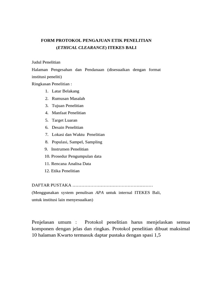 Protokol Pengajuan Etik Penelitian ITEKES Bali | PDF | Sains & Matematika