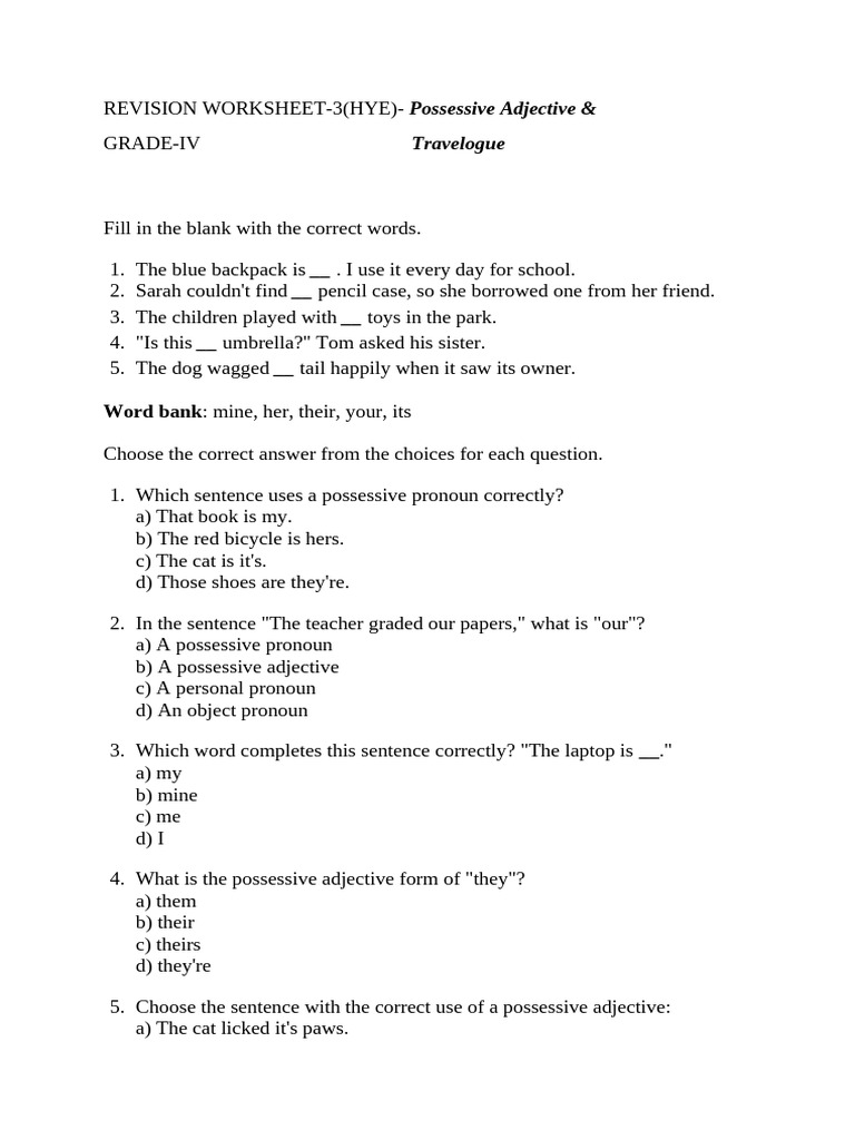 Revision Worksheet-Iv-Poss Adj Poss Pro-Adj | PDF