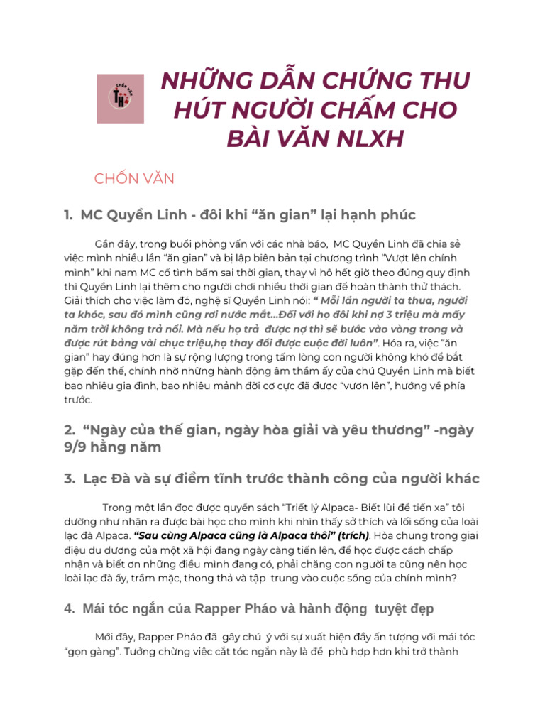 NHỮNG DẪN CHỨNG THU HÚT NGƯỜI CHẤM CHO BÀI VĂN NLXH | PDF
