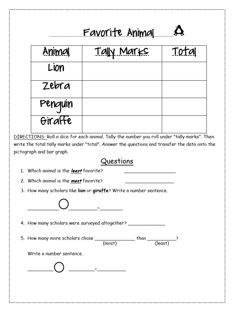 Favorite Animal Animal Tally Marks Total Lion Zebra Penguin Giraffe | PDF