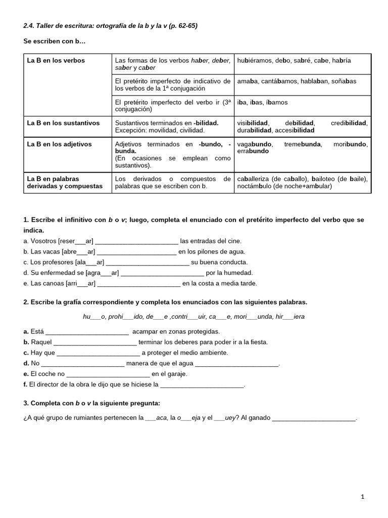 Ejercicios de ortografía: b y v para primaria | PDF | Verbo ...