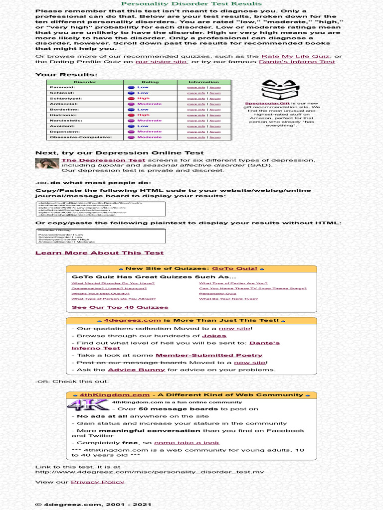 Personality Disorder Test - Personality TestResults | PDF | Personality ...