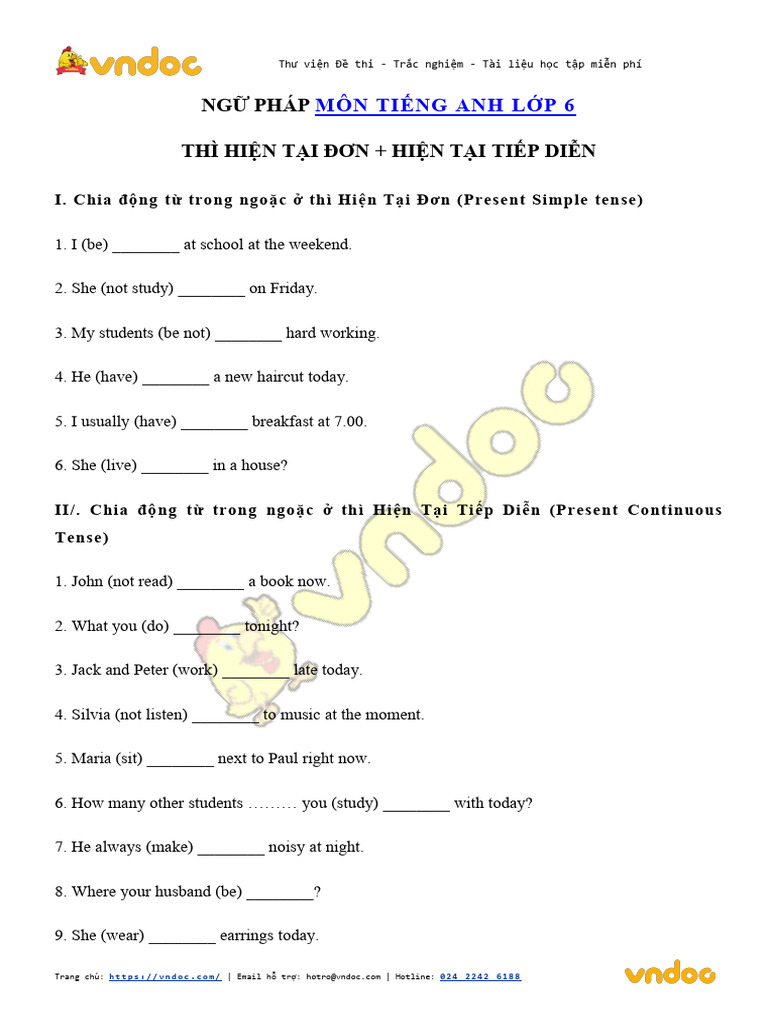 Bai Tap Thi Hien Tai Don Va Thi Hien Tai Tiep Dien Mon Tieng Anh Lop 6 | PDF | Language Arts ...