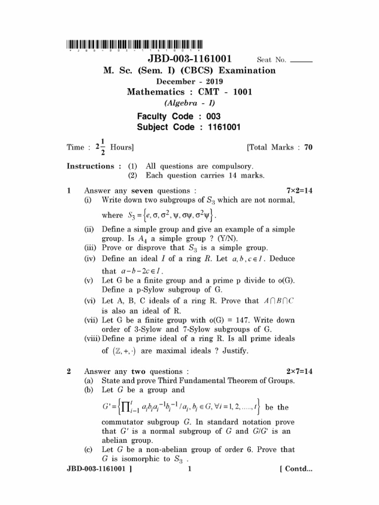 M.sc. (Sem.i) (CBCS) Exam Dec - 2019 Mathematics - CMT - 1001 (Algebra - I) | PDF