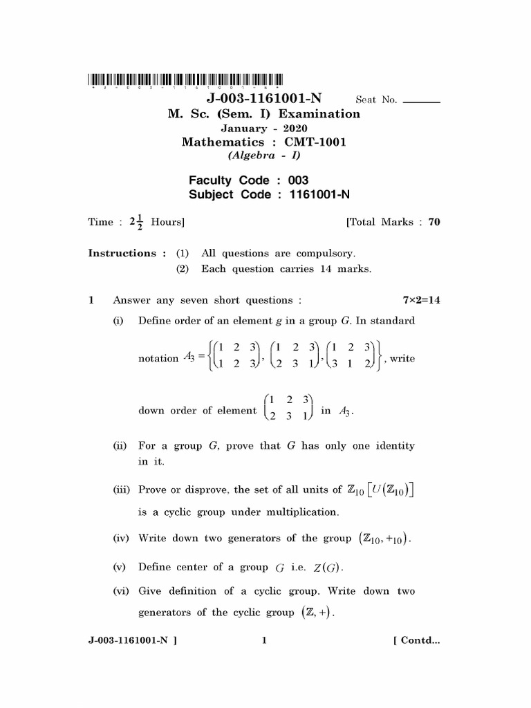 M. Sc. (Sem. I) Examination January - 2020 Mathematics - CMT-1001 (Algebra - I) | PDF