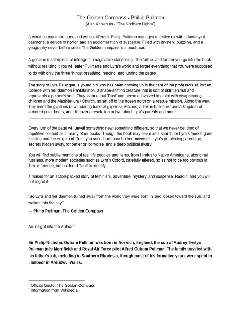 The Golden Compass - Phillip Pullman book review | PDF