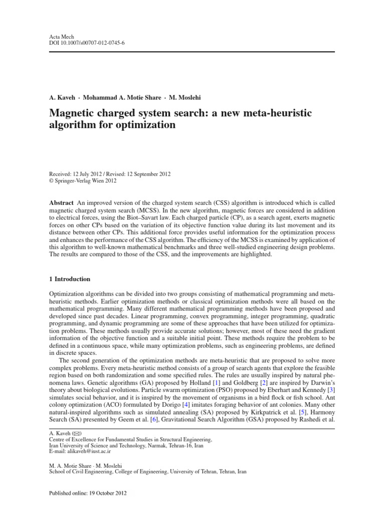 Magnetic Charged System Search A New Meta-Heuristic Algorithm For Optimization - Mech - 2012 ...