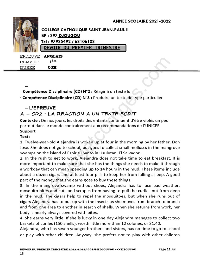 Devoir Du 1er Trimestre Anglais 1ere 2021-2022 Cpeg Sainte Jean Paul2 | PDF | Language Arts ...