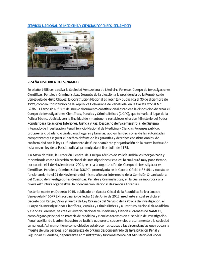 Reseña Historica Del Senamecf | PDF | Ciencia forense | Venezuela