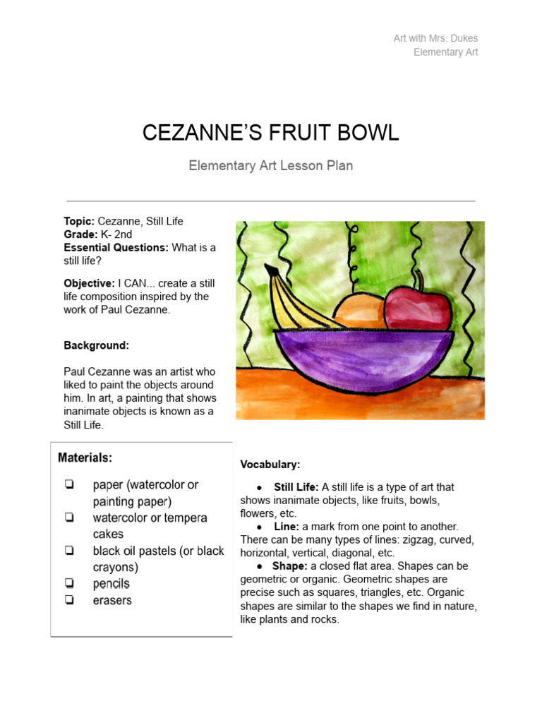 Cezanne'S Fruit Bowl: Elementary Art Lesson Plan | PDF | Shape | Still Life