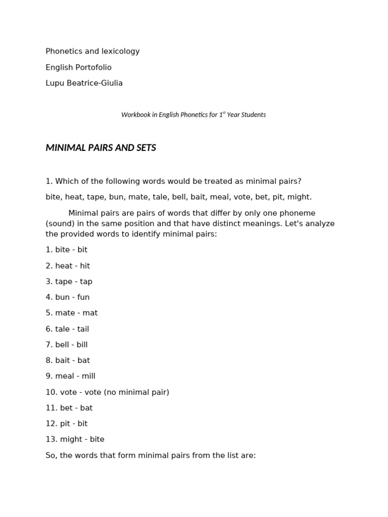Phonetics Workbook: Minimal Pairs & Sets | PDF | Human Voice | Linguistics