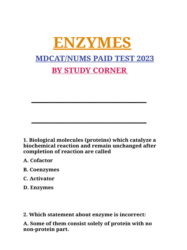 Enzyme MCQS Mdcat Nums Paid Test 2023 by Study Corner | PDF | Enzyme ...