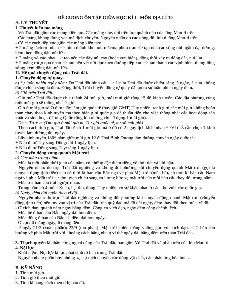 lớp 10. đề cương giữa hk1 | PDF