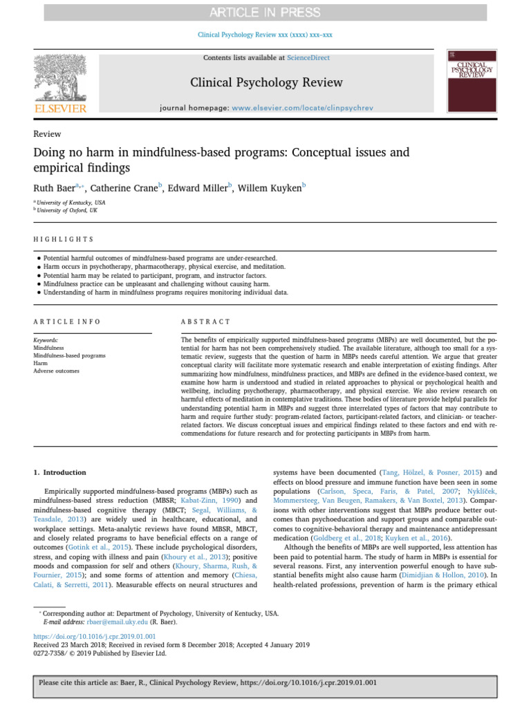 Baer, Kuyken2019 Doing No Harm in MBIs Review CPR | PDF | Mindfulness | Meditation