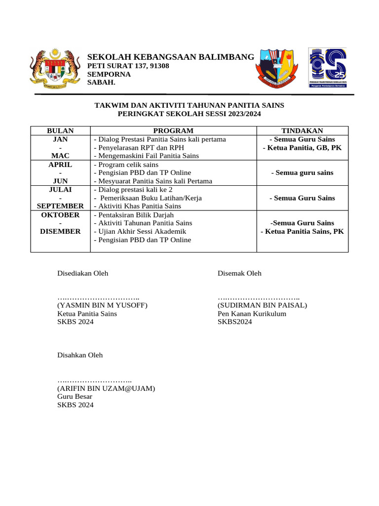 Takwim Panitia Sains 2023 2024 | PDF