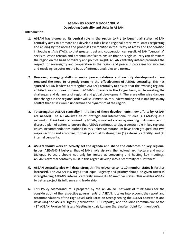 FINAL - ASEAN-ISIS Policy Memorandum - Developing Centrality and Unity ...