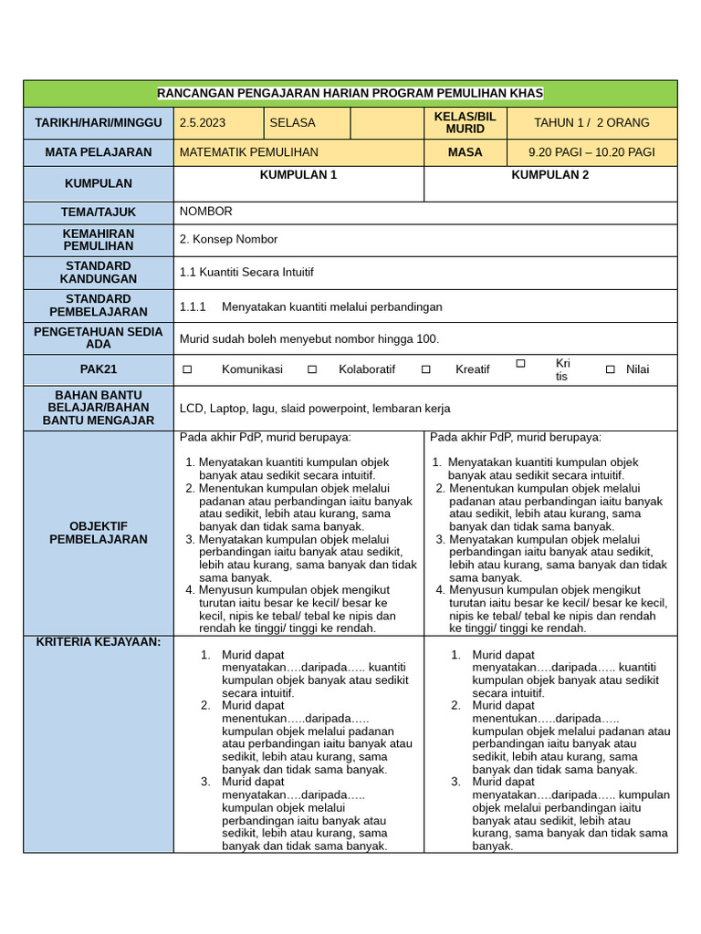 RPH Maths Tahun 1 Nombor Bulat | PDF