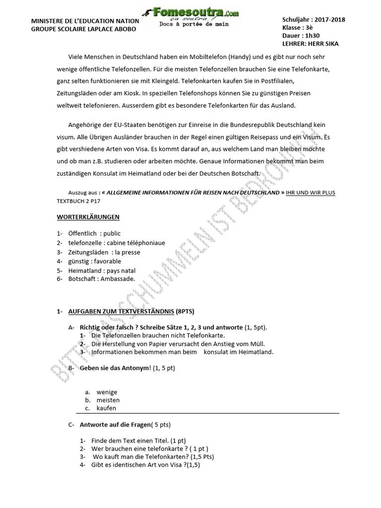 Devoir N°1 3è 2017-2018 HERR SIKA | PDF