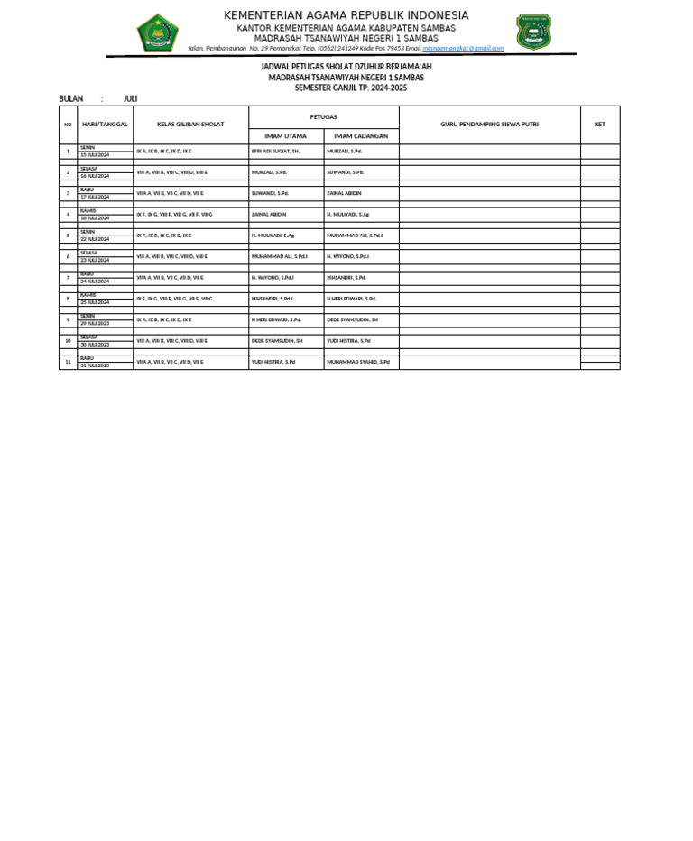 Jadwal Sholat Dzuhur MTsN 1 Sambas | PDF