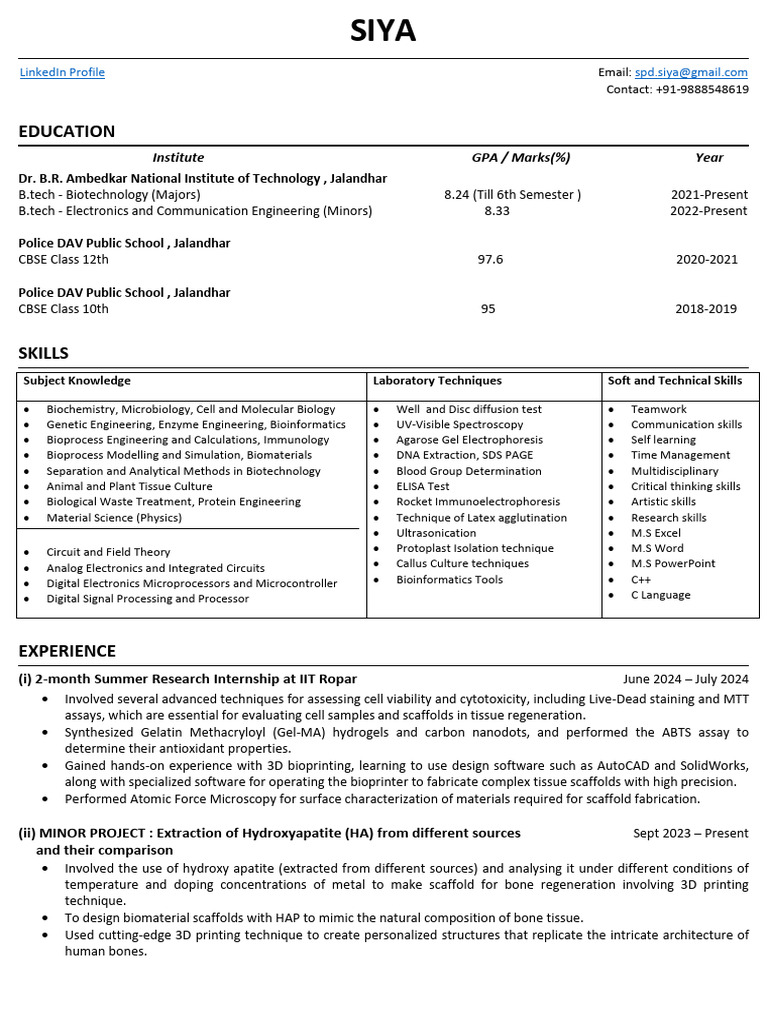 Siya_Resume - SIYA | PDF | Tissue Engineering | Biology