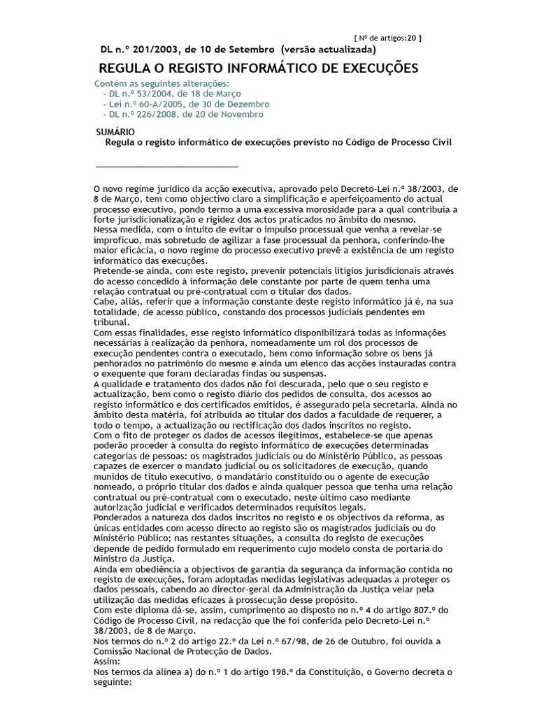 Registo Informático de Execuções: DL 201/2003 | PDF | Insolvência ...