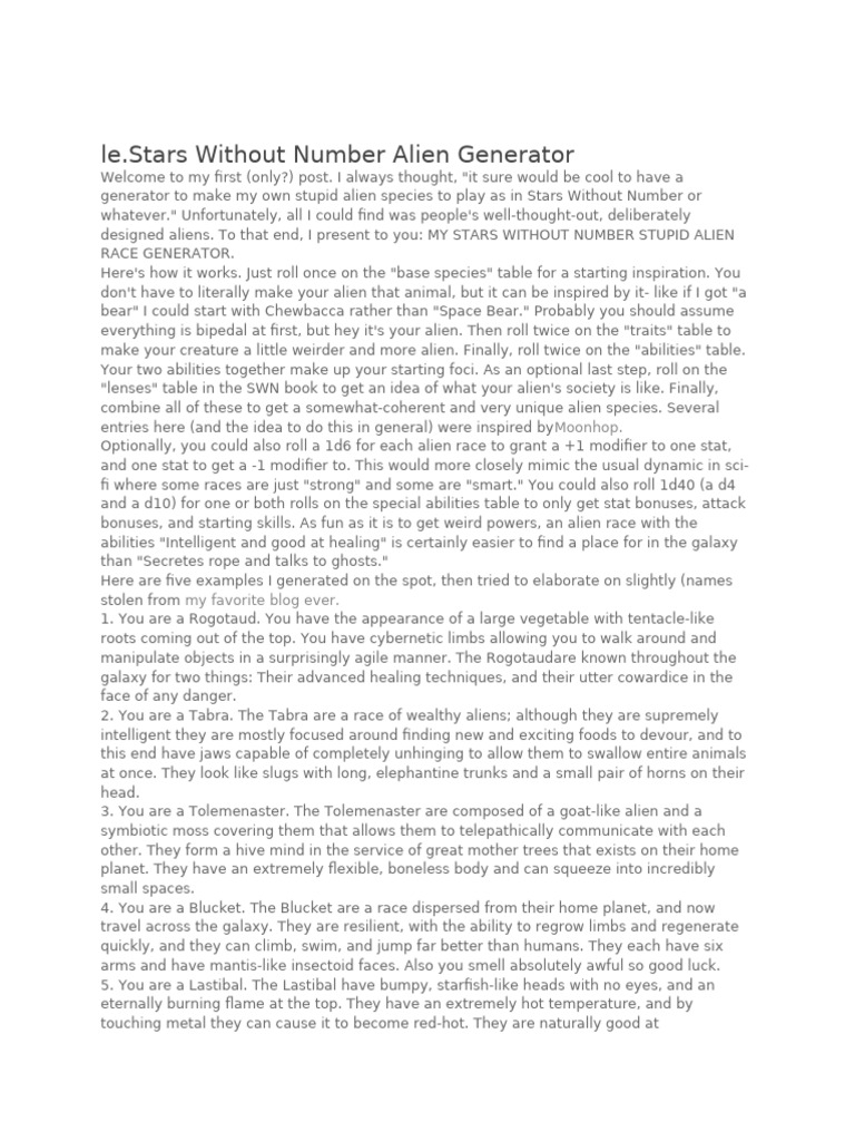 Stars Without Number Alien Generator | PDF | Home & Garden