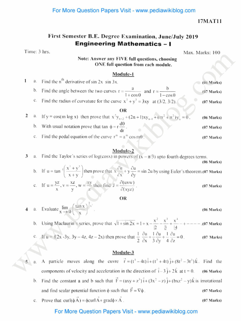 Engg Maths 1 July 2019 (2017 Scheme) | PDF