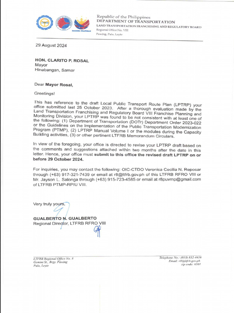 Endorsement Letter for 1st Draft Lptrp of Hinabangan Samar | PDF
