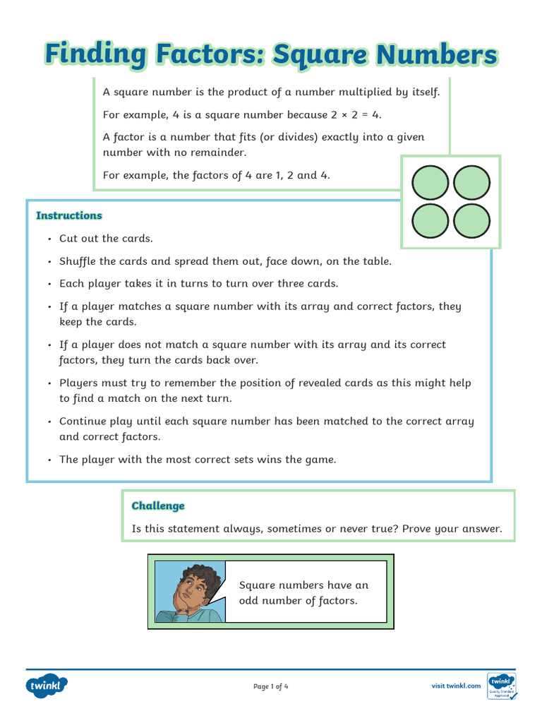 T M 1723735036 Finding Factors Square Numbers Matching Game - Ver - 1 | PDF