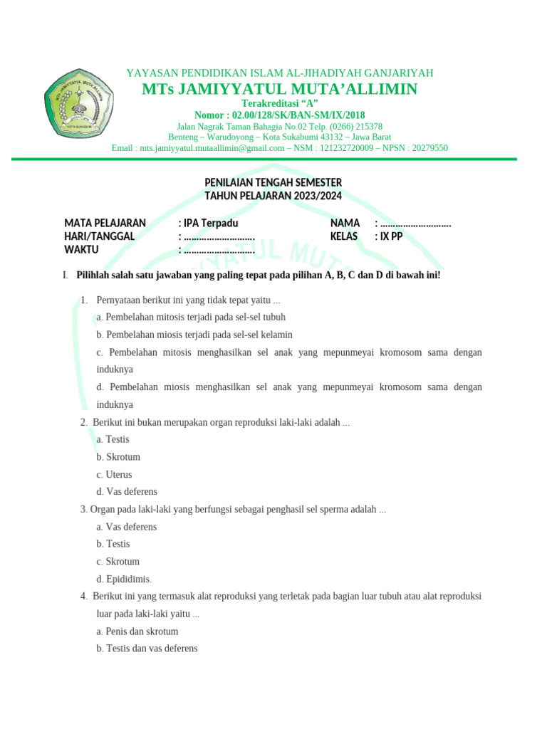 SOAL PTS IPA Kelas IX Ganjil | PDF | Sains & Matematika