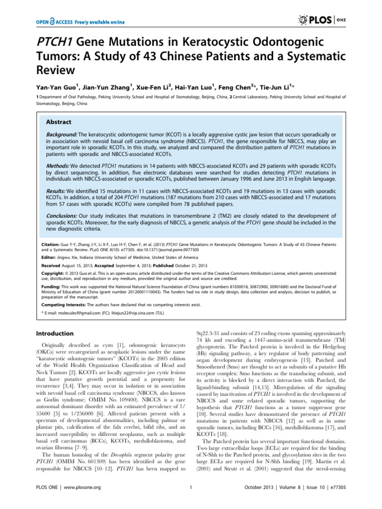 Ptch1: Gene Mutations in Keratocystic Odontogenic Tumors: A Study of 43 ...