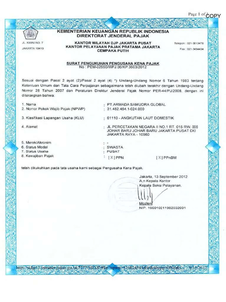 Copy Nomor Pengukuhan Pengusaha Kena Pajak (NPPK) | PDF