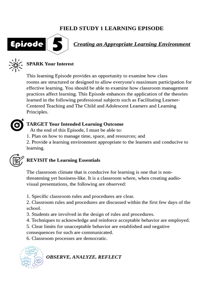 Field Study 1 Learning Episode 5 | PDF | Learning | Classroom