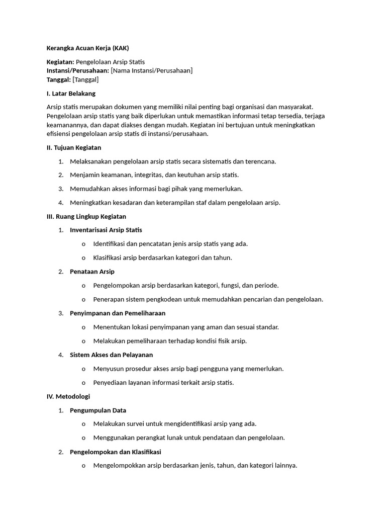 Kerangka Acuan Kerja Pengelolaan Arsip Dinamis | PDF