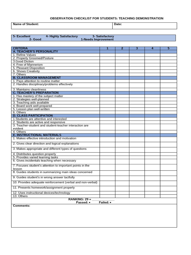 Assessment Report Observation Checklist | PDF | Wellness