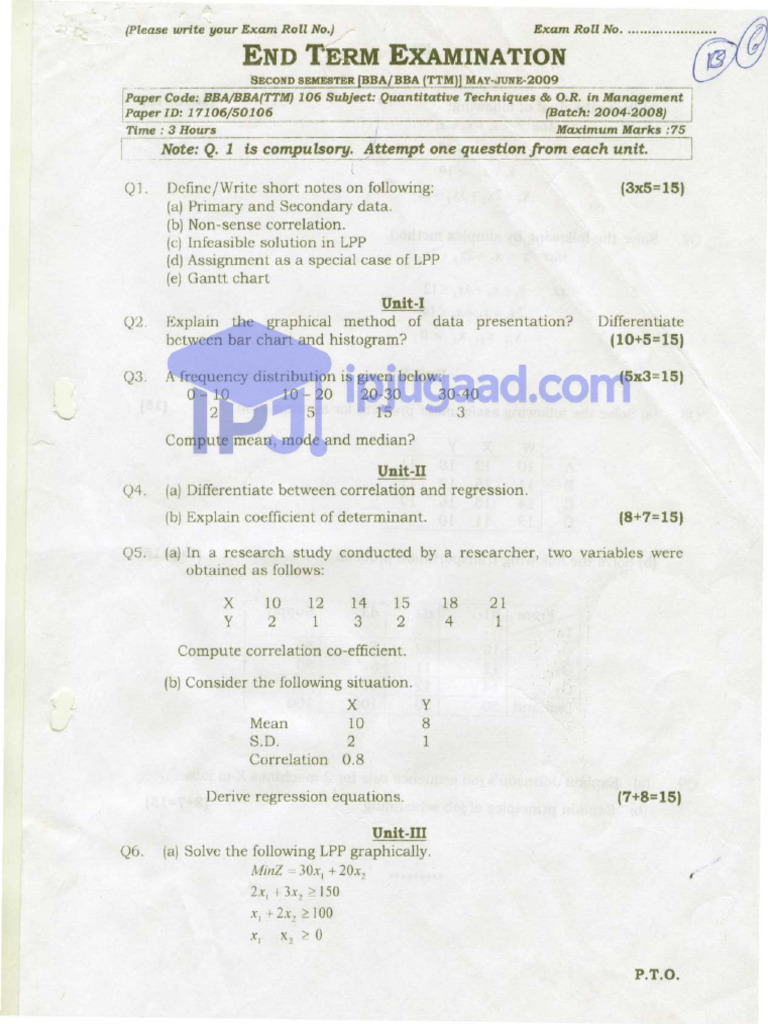 Ipjugaad - Bba 2nd Sem Quantitative Techniques and Operations Research in Management Paper 2009 ...