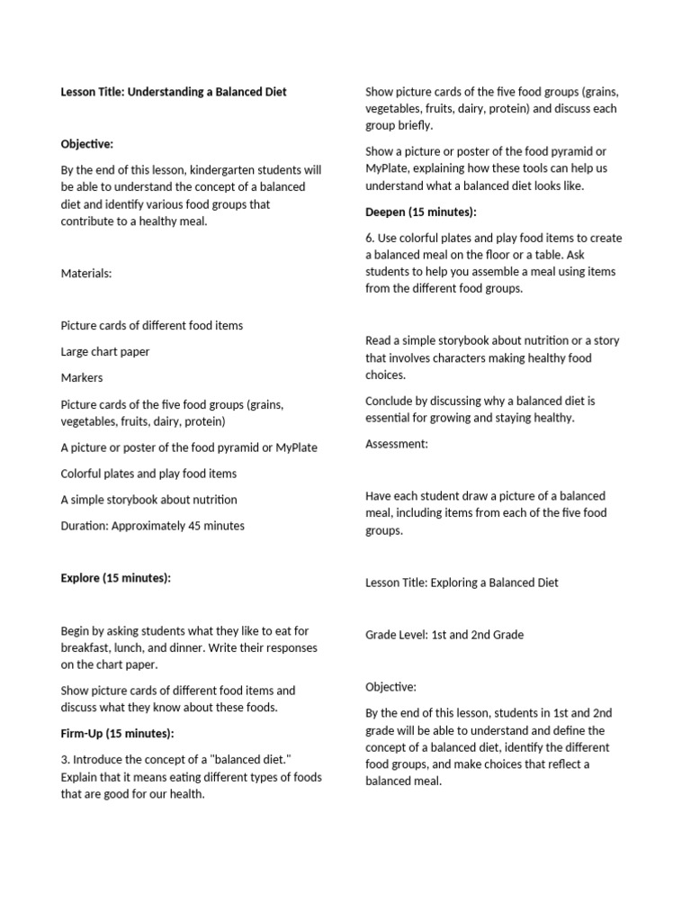 Kindergarten Balanced Diet Lesson Plan | PDF | Healthy Diet | Foods