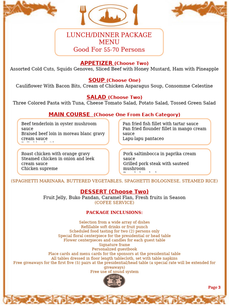 Lunch/Dinner Package Menu for Events | PDF | Sauce | Salad