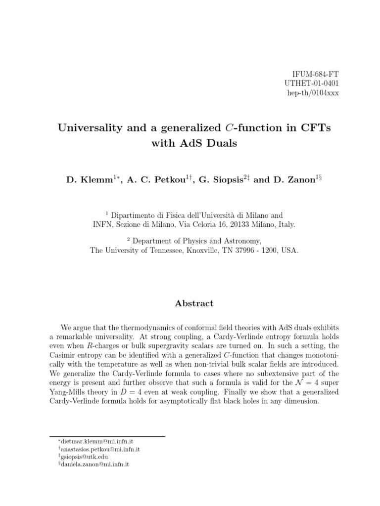 D Klemm Et Al Universality And A Generalized C Function In Cfts With Ads Duals Pdf
