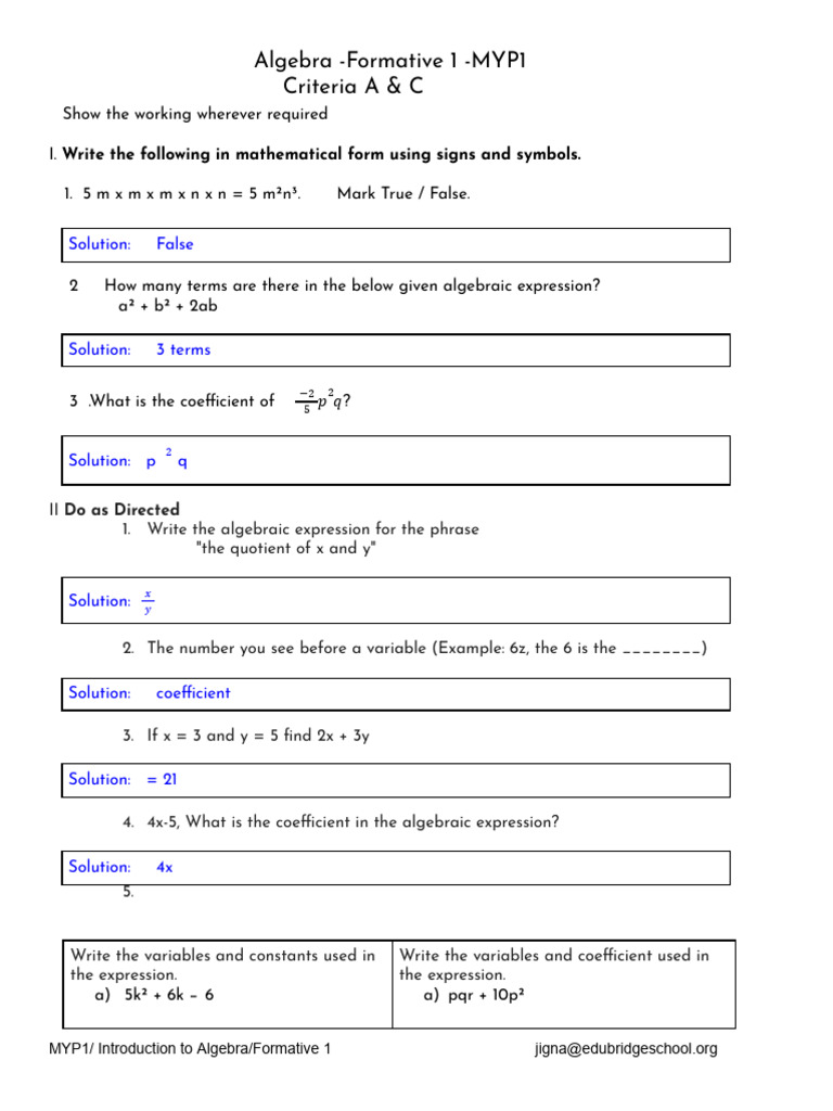 (Jiana Mehta) Formative - Algebra - MYP1 | PDF | Algebra | Variable ...