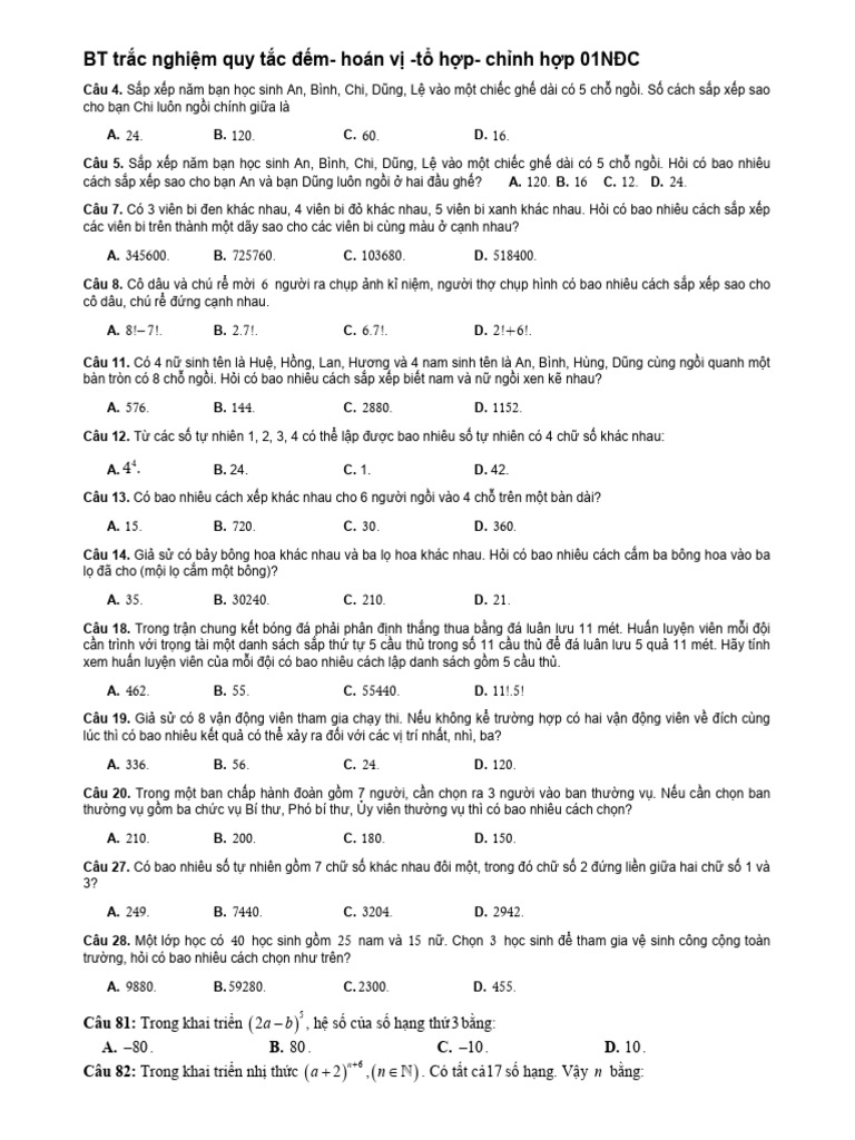 Đề TN tổng hợp tổ hợp Nhị thức L01 | PDF