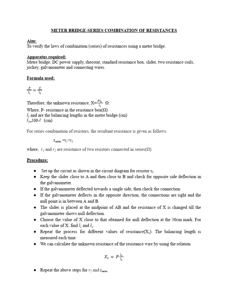 Meter Bridge-Series Combination of Resistances-Experiment 3 | PDF ...