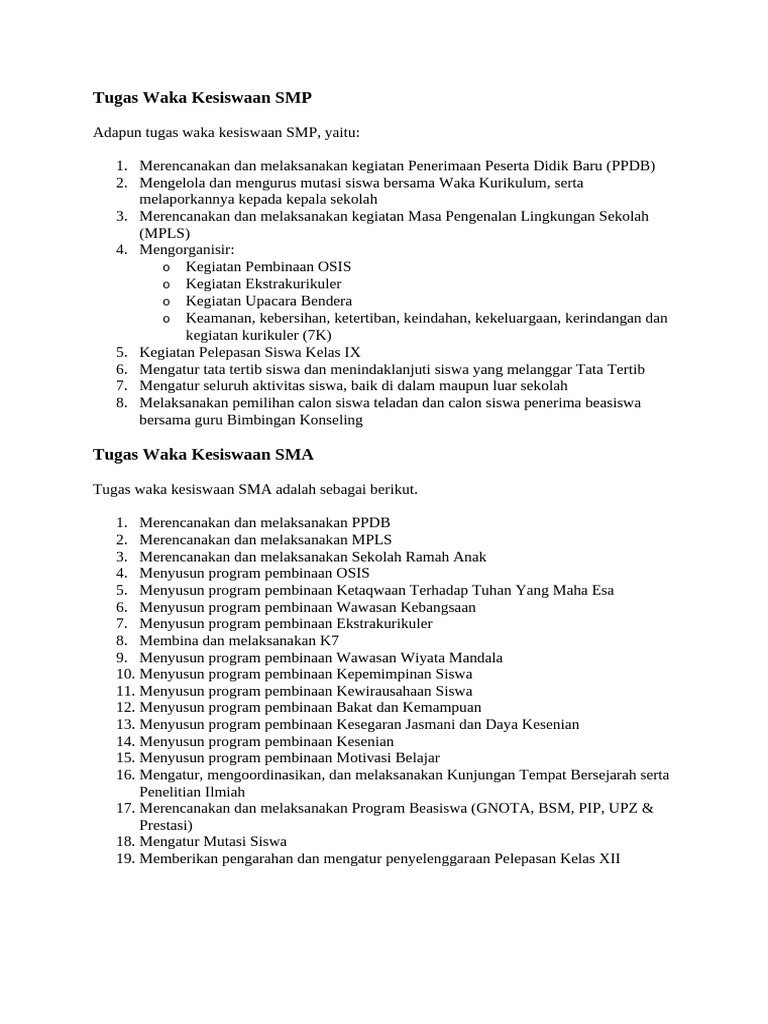 Tugas Waka Kesiswaan SMP | PDF