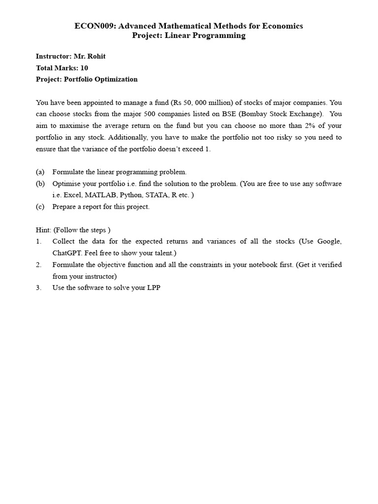 ECO 009: Advanced Mathematical Methods For Economics Project: Linear Programming | PDF ...