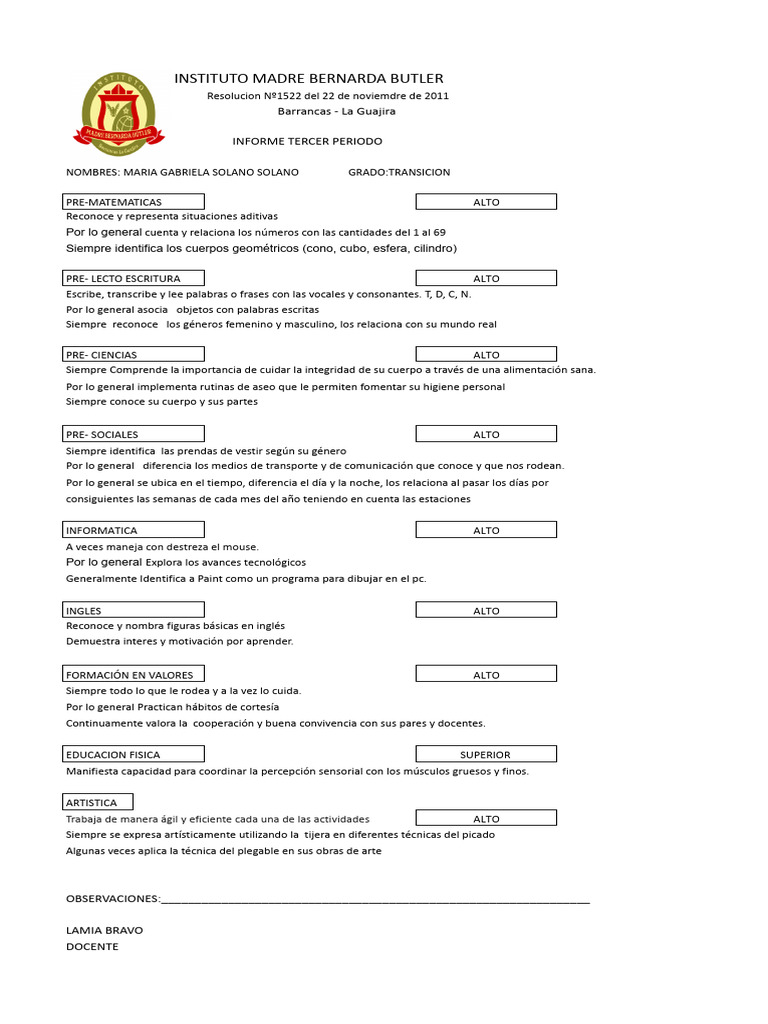 INFORME 3ER PERIODO TRANSICION - XLSX - GABY | PDF